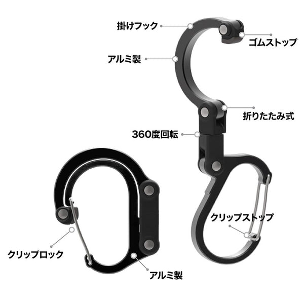 GearClip (2個セット) - クリップ＆ハンガー式 バッグ吊り下げ用カラビナ - Broderik